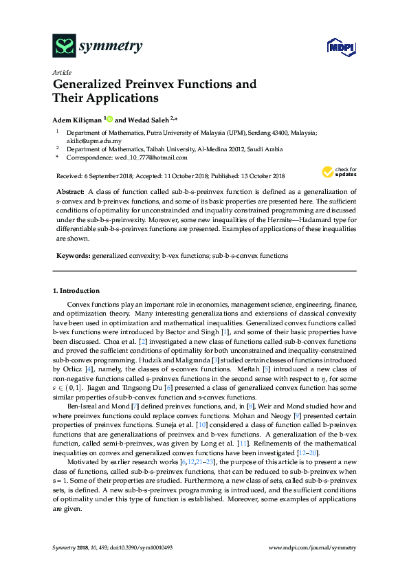 (PDF) Generalized Preinvex Functions and Their Applications
