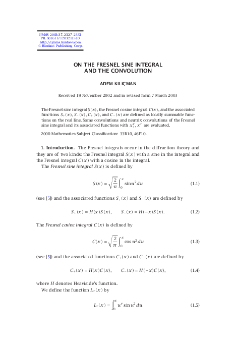 (PDF) On the Fresnel sine integral and the convolution
