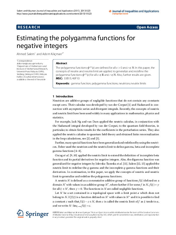 (PDF) Estimating the polygamma functions for negative integers