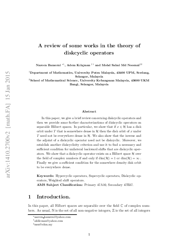 (PDF) A Review of Some Works in the Theory of Diskcyclic Operators