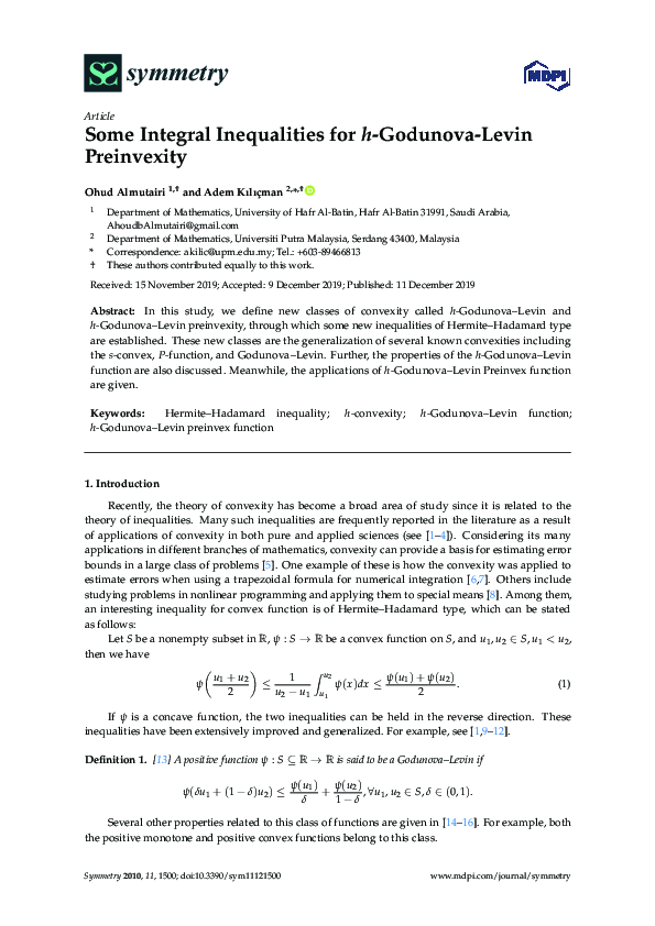 (PDF) Some Integral Inequalities for h-Godunova-Levin Preinvexity