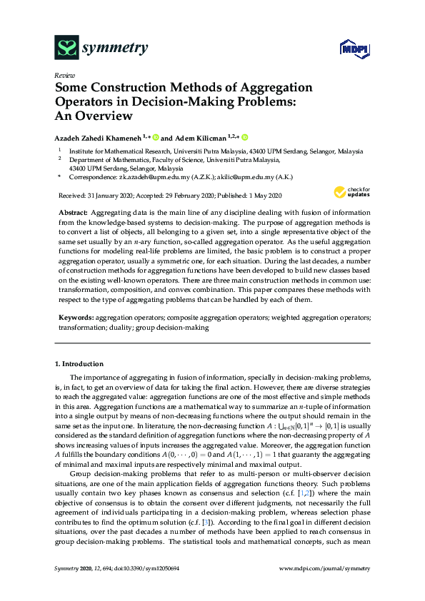 Pdf Some Construction Methods Of Aggregation Operators In Decision Making Problems An Overview