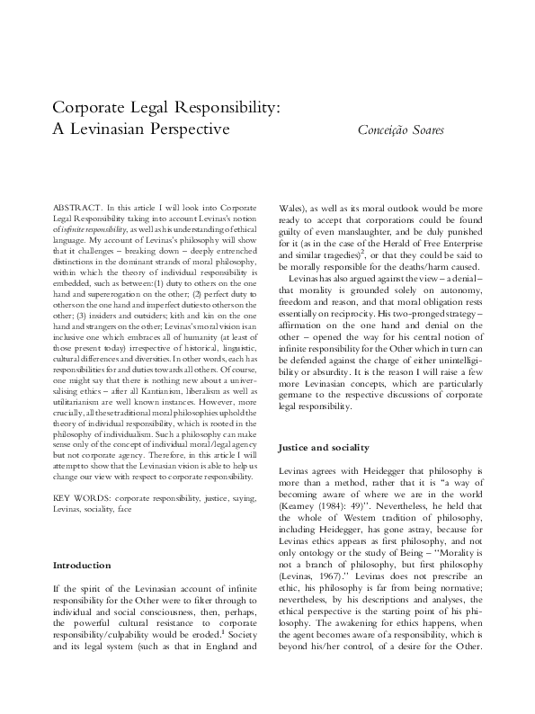 (PDF) Corporate Legal Responsibility: A Levinasian Perspective