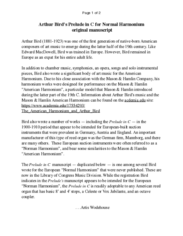 (PDF) Arthur Bird's Prelude in C for Normal Harmonium original manuscript