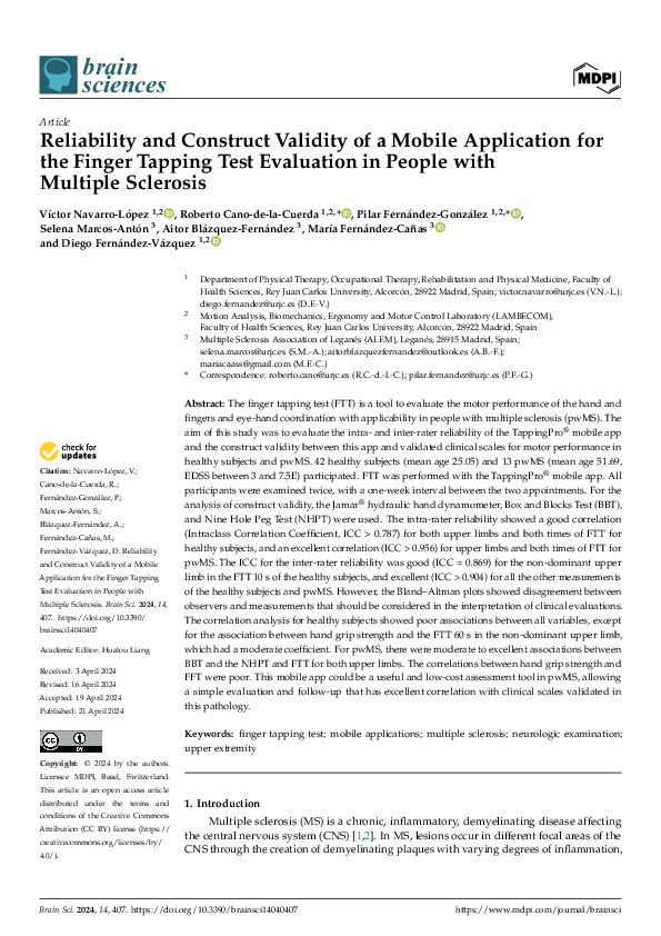 Pdf Reliability And Construct Validity Of A Mobile Application For The Finger Tapping Test
