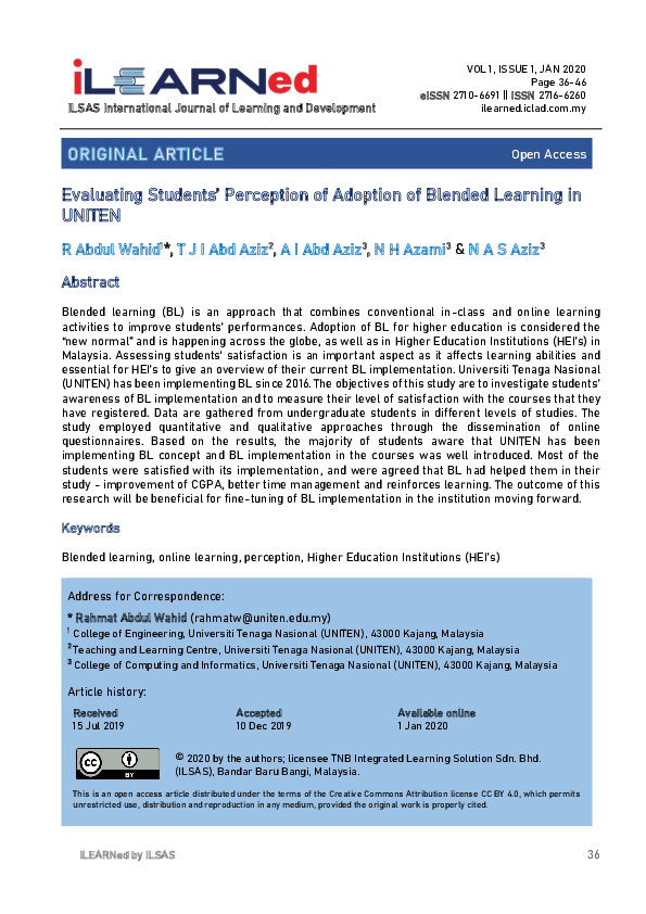 (PDF) Evaluating Students’ Perception of Adoption of Blended Learning in UNITEN