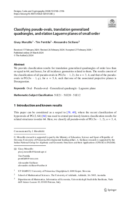 (PDF) Classifying pseudo-ovals, translation generalized quadrangles, and elation Laguerre planes ...