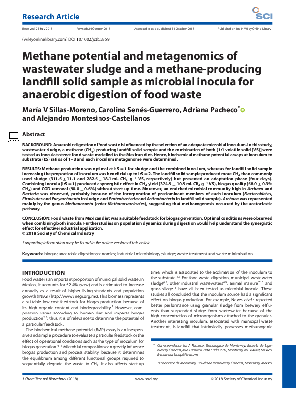 (PDF) Methane potential and metagenomics of wastewater sludge and a ...