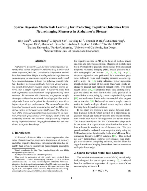 Pdf Sparse Bayesian Multi Task Learning For Predicting Cognitive Outcomes From Neuroimaging