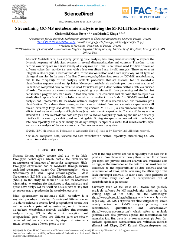 (PDF) Streamlining GC-MS metabolomic analysis using the M-IOLITE software suite | Maria Klapa ...