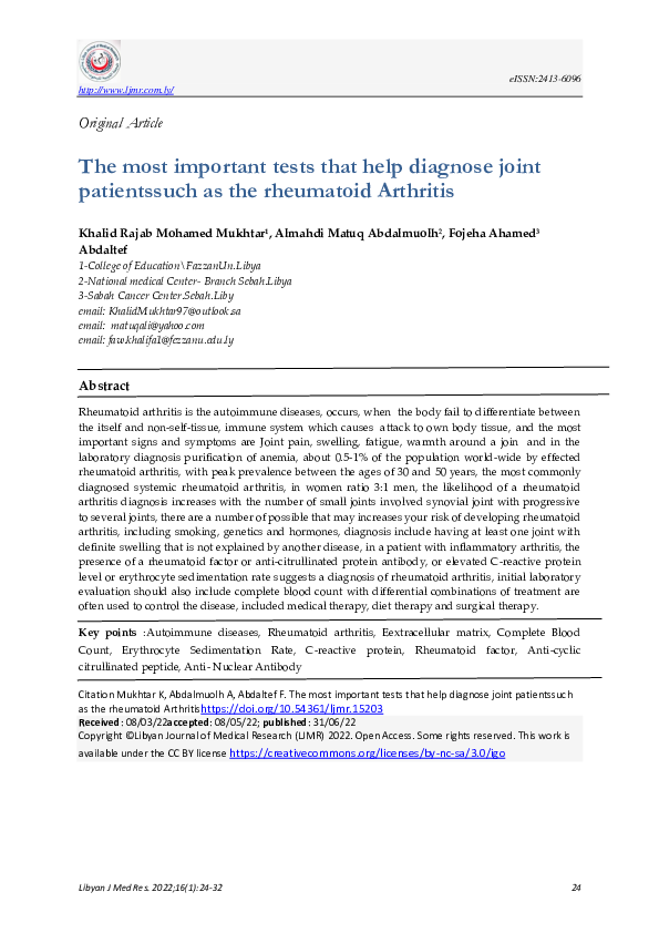 (PDF) The most important tests that help diagnose joint patientssuch as ...