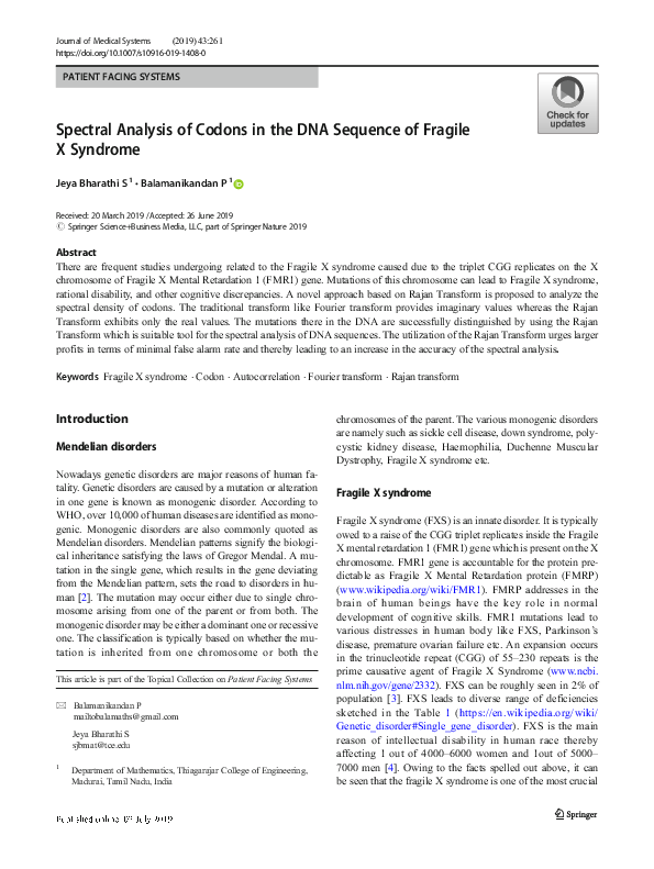(PDF) Spectral Analysis of Codons in the DNA Sequence of Fragile X Syndrome | BALAMANIKANDAN ...