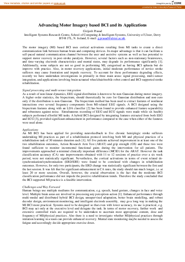 (PDF) Advancing Motor Imagery based BCI and its Applications