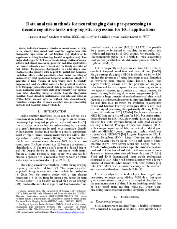 Pdf Data Analysis Methods For Neuroimaging Data Pre Processing To Decode Cognitive Tasks Using