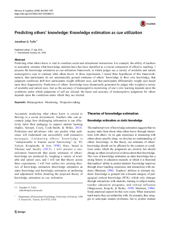 (PDF) Predicting others’ knowledge: Knowledge estimation as cue utilization