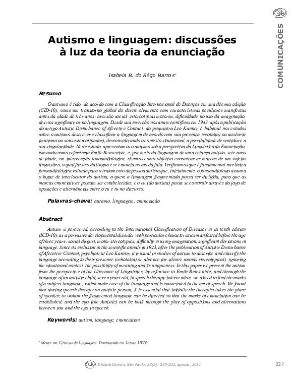 (PDF) Autismo e linguagem: discussões à luz da teoria da enunciação