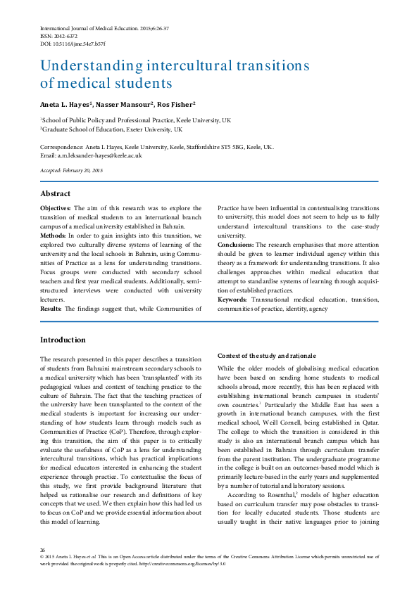 (PDF) Understanding intercultural transitions of medical students