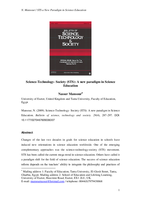 (PDF) Science-Technology-Society (STS)