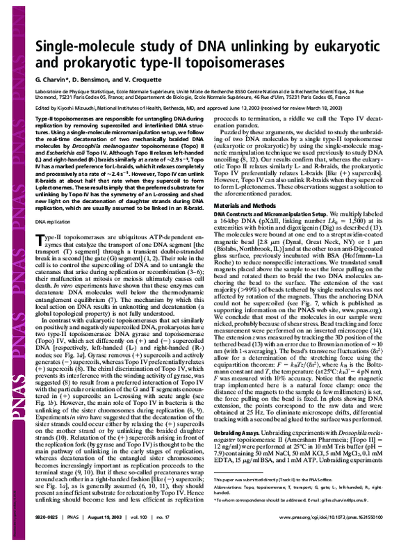 (PDF) Single-molecule study of DNA unlinking by eukaryotic and ...