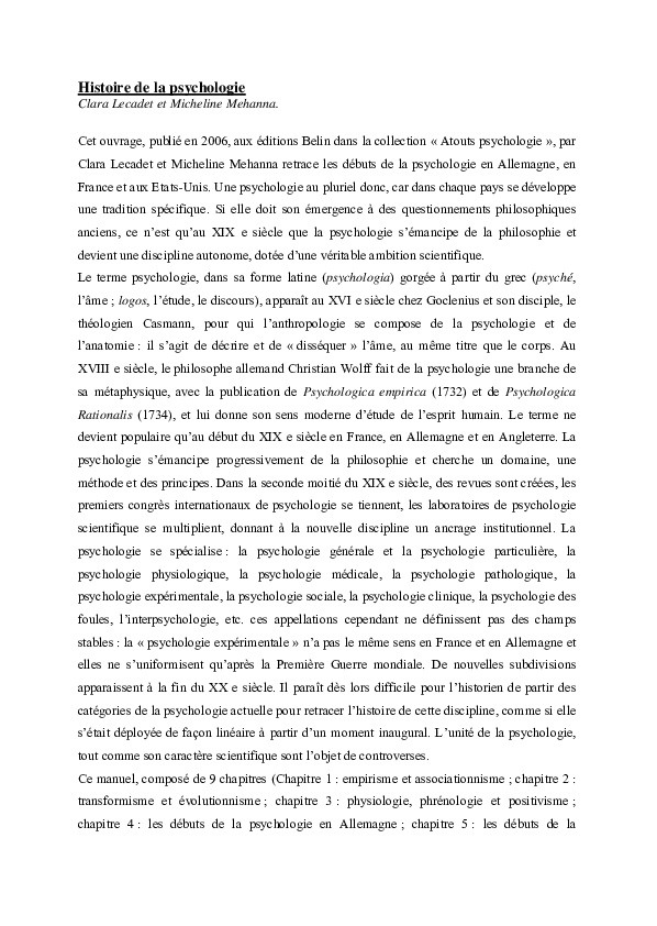 (PDF) Histoire de la psychologie