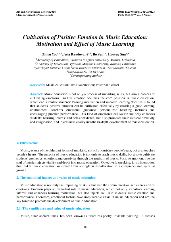 (PDF) Cultivation of Positive Emotion in Music Education: Motivation ...