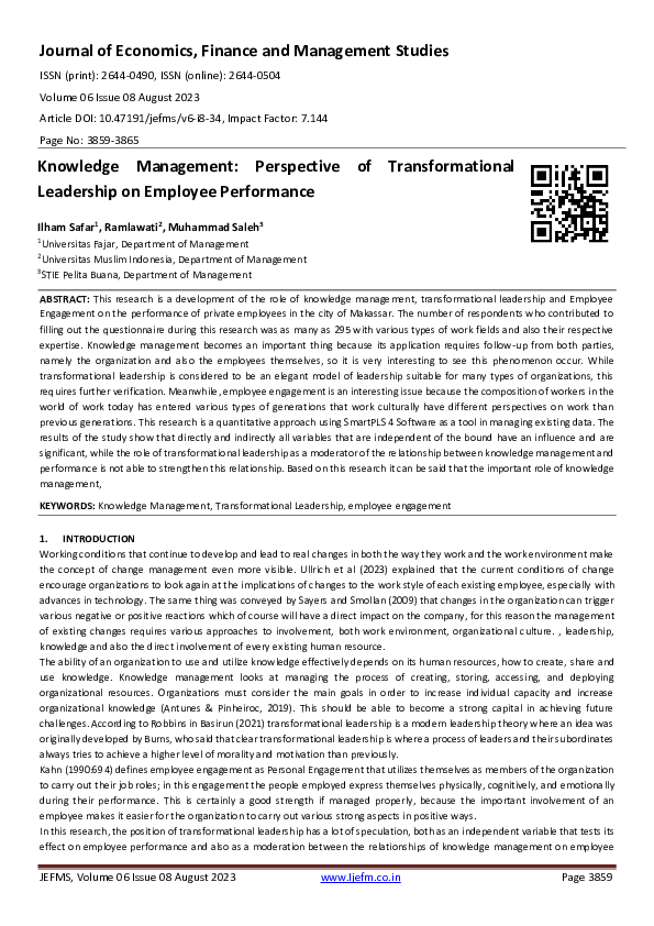 (PDF) Knowledge Management: Perspective of Transformational Leadership on Employee Performance