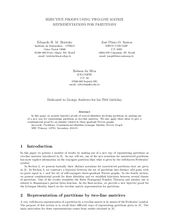 (PDF) Bijective proofs using two-line matrix representations for partitions