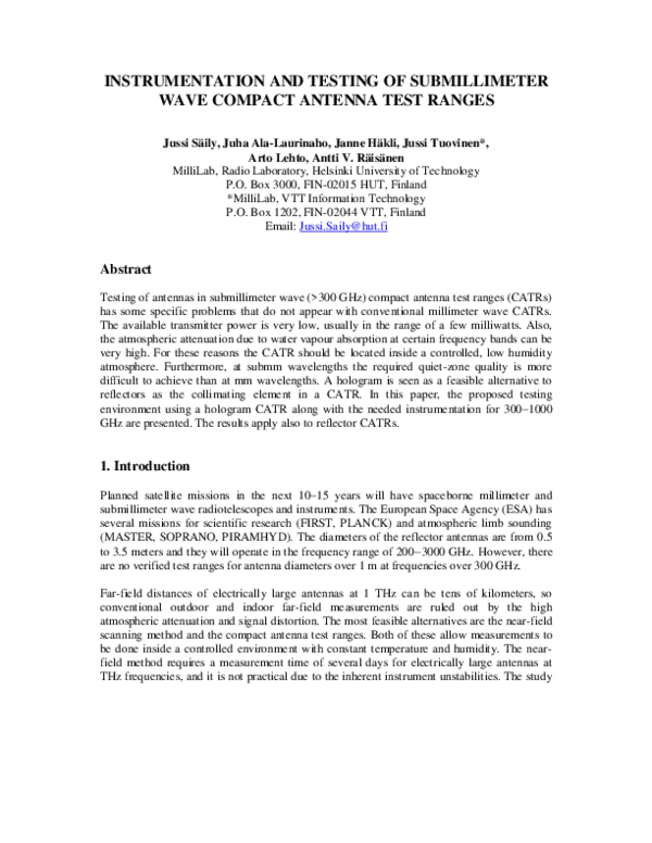 (PDF) Instrumentation and Testing of Submillimeter Wave Compact Antenna ...