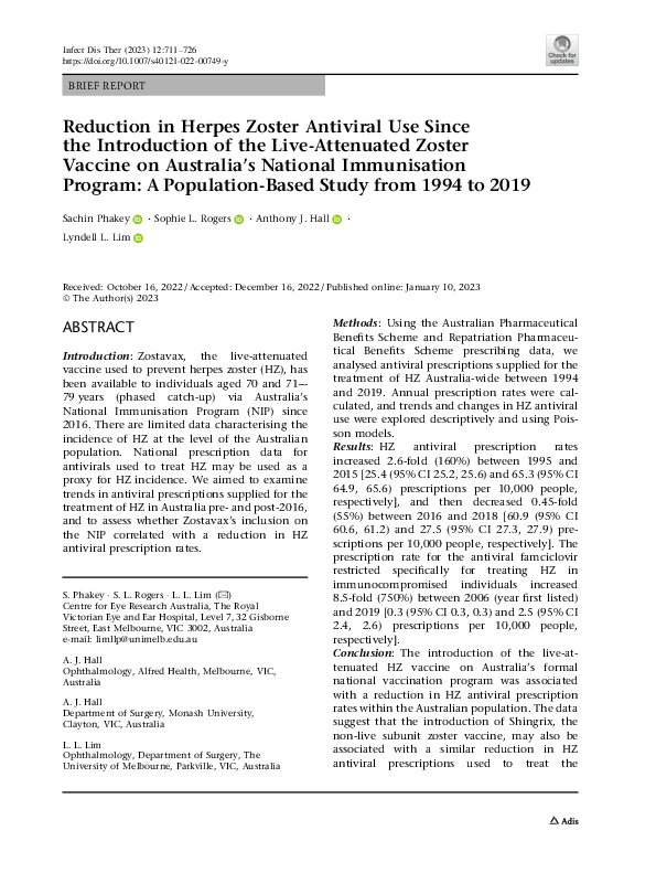 (PDF) Reduction in Herpes Zoster Antiviral Use Since the Introduction of the Live-Attenuated ...