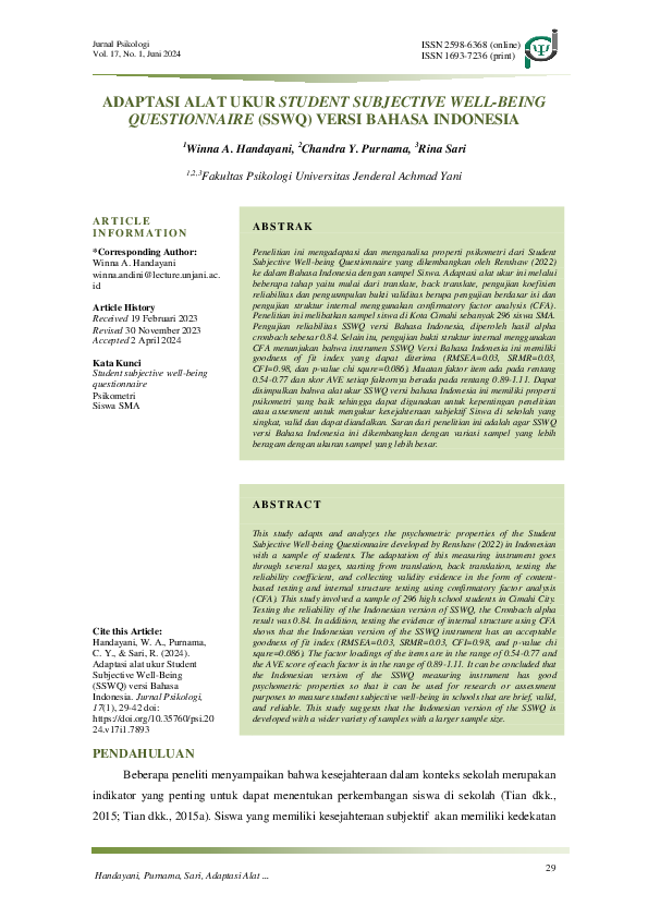 (PDF) Adaptasi Alat Ukur Student Subjective Well-Being Questionnaire ...