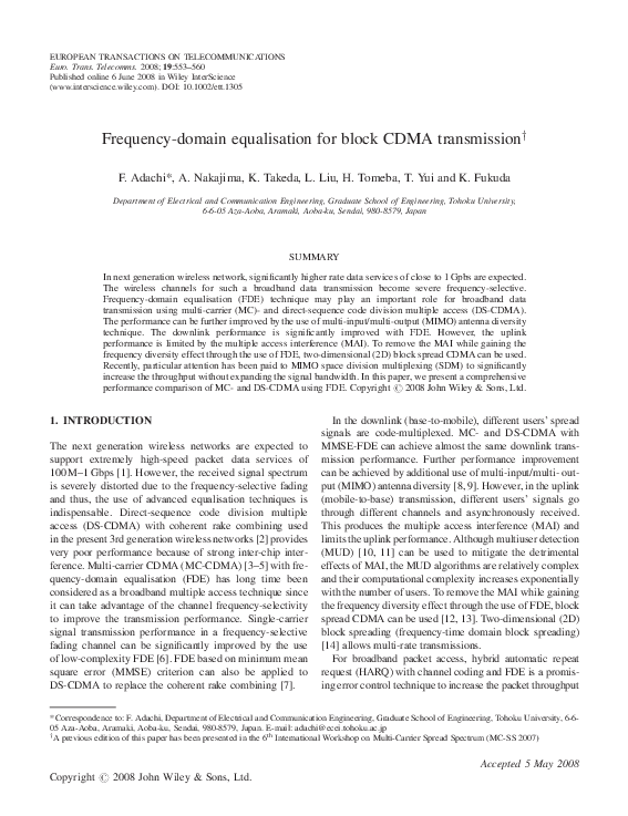 (PDF) Frequency‐domain equalisation for block CDMA transmission