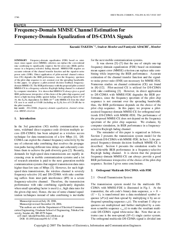 (PDF) Frequency-Domain MMSE Channel Estimation for Frequency-Domain Equalization of DS-CDMA Signals