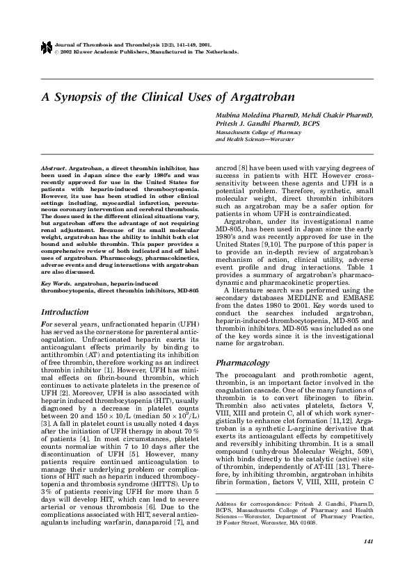 (PDF) A Synopsis of the Clinical Uses of Argatroban