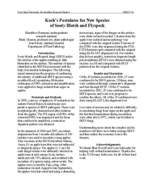 (PDF) Koch’s Postulatesfor New Species of Sooty Blotch and Flyspeck