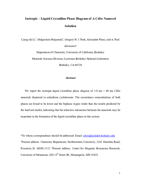 (PDF) Isotropic-liquid crystalline phase diagram of a CdSe nanorod solution