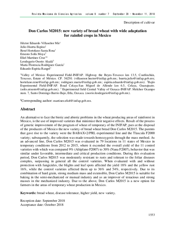 (PDF) Don Carlos M2015: new variety of bread wheat with wide adaptation ...