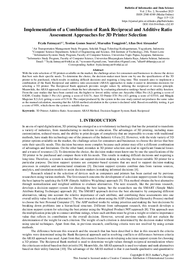 (PDF) Implementation of a Combination of Rank Reciprocal and Additive Ratio Assessment ...
