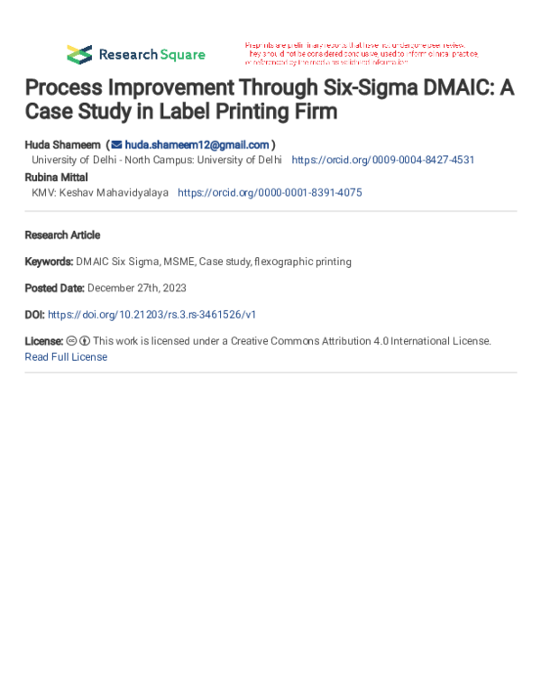 (PDF) Process Improvement Through Six-Sigma DMAIC: A Case Study in ...