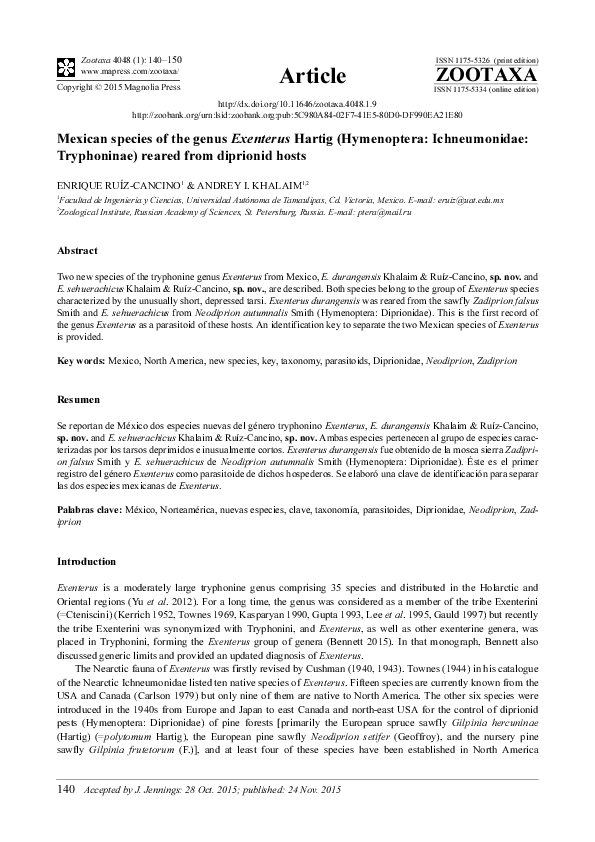 (PDF) Mexican species of the genus Exenterus Hartig (Hymenoptera ...