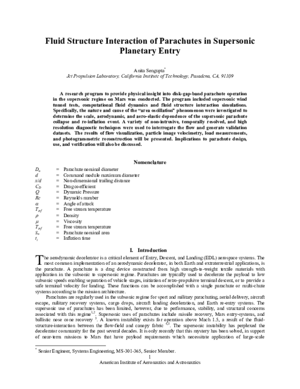 (PDF) Fluid Structure Interaction of Parachutes in Supersonic Planetary ...