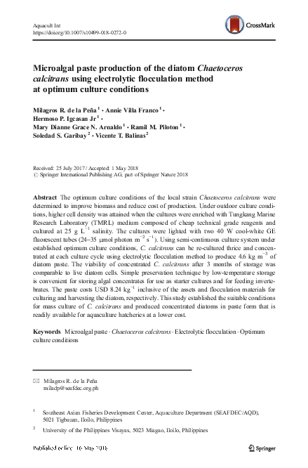 (PDF) Microalgal paste production of the diatom Chaetoceros calcitrans using electrolytic ...