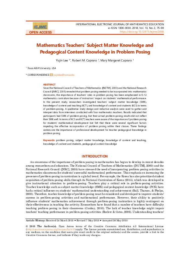 (PDF) Mathematics Teachers’ Subject Matter Knowledge and Pedagogical ...