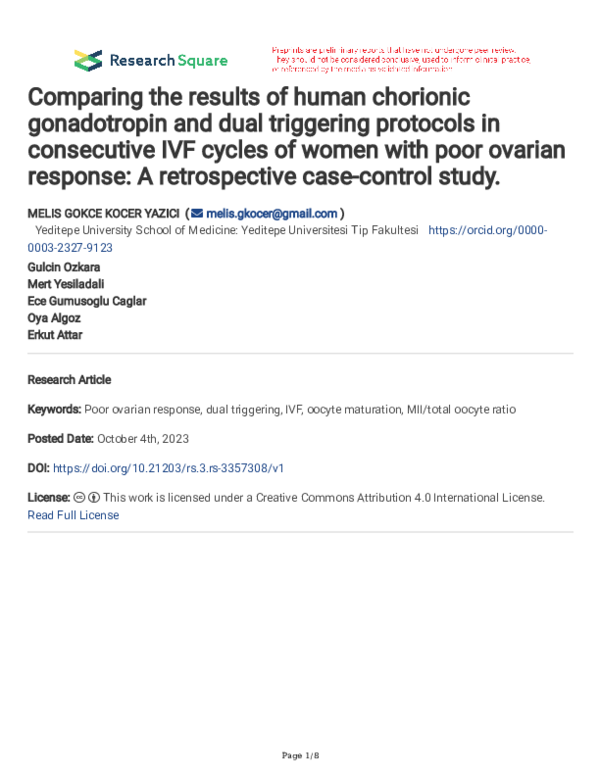 (PDF) Comparing the results of human chorionic gonadotropin and dual triggering protocols in ...