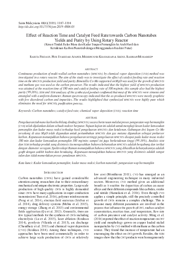 (PDF) Effect of Reaction Time and Catalyst Feed Rate towards Carbon ...