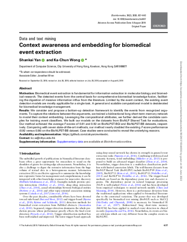 (PDF) Context awareness and embedding for biomedical event extraction | Shankai Yan - Academia.edu