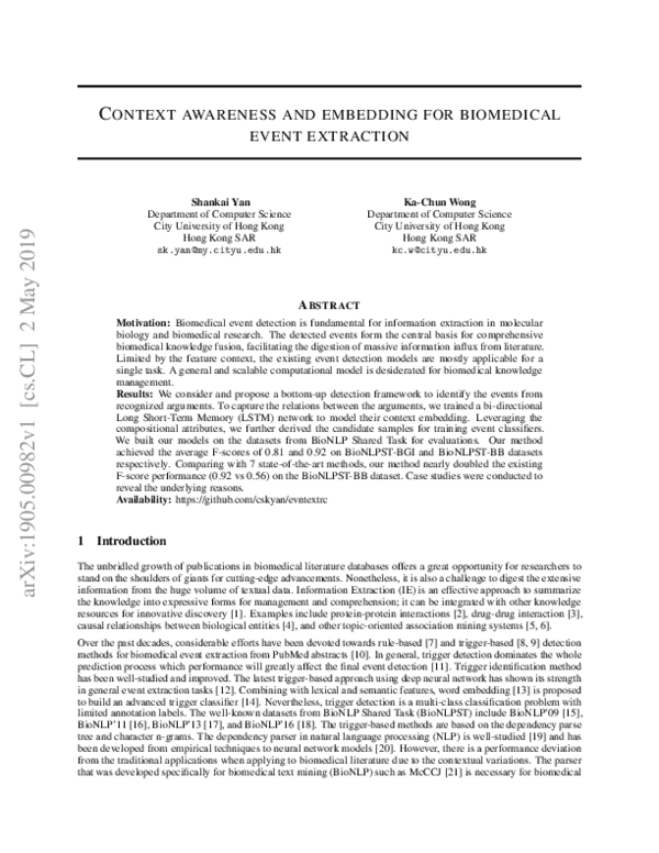 (PDF) Context awareness and embedding for biomedical event extraction