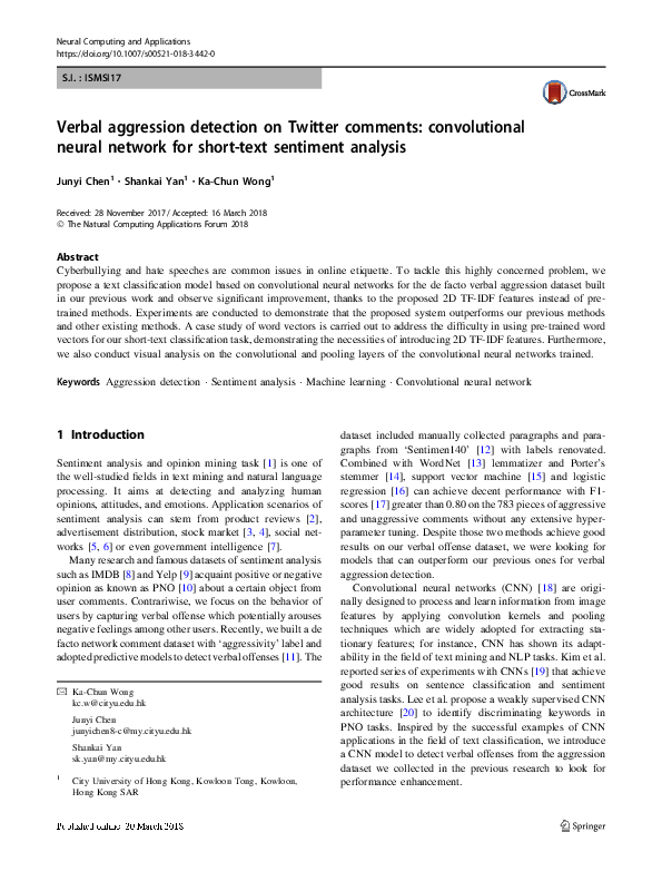 (PDF) Verbal aggression detection on Twitter comments: convolutional neural network for short ...