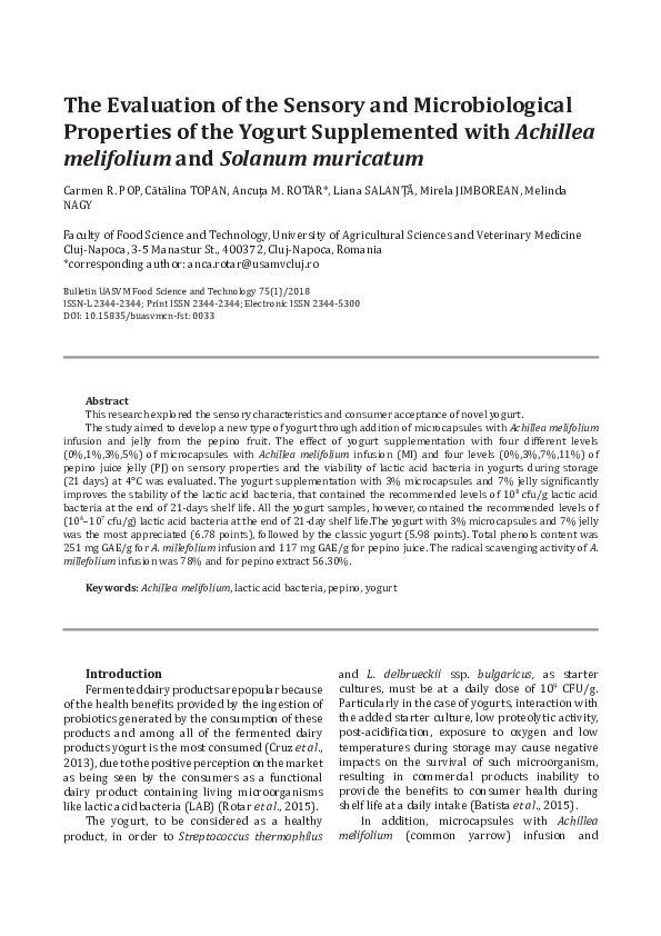 (PDF) The Evaluation of the Sensory and Microbiological Properties of the Yogurt Supplemented ...