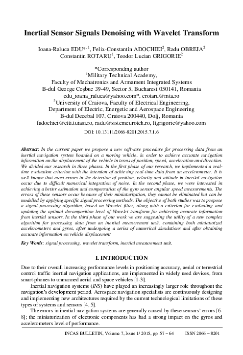 (PDF) Inertial Sensor Signals Denoising with Wavelet Transform | Ioana Edu - Academia.edu