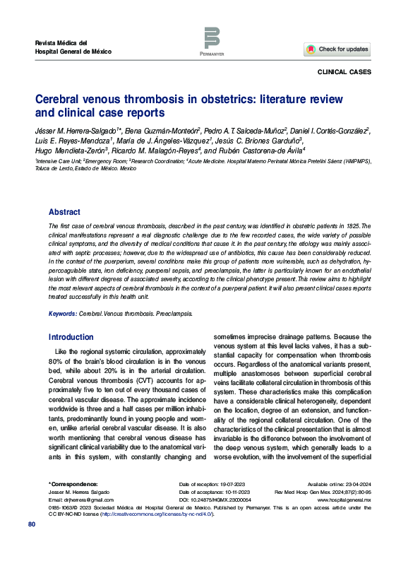 (PDF) Cerebral venous thrombosis in obstetrics: literature review and clinical case reports ...